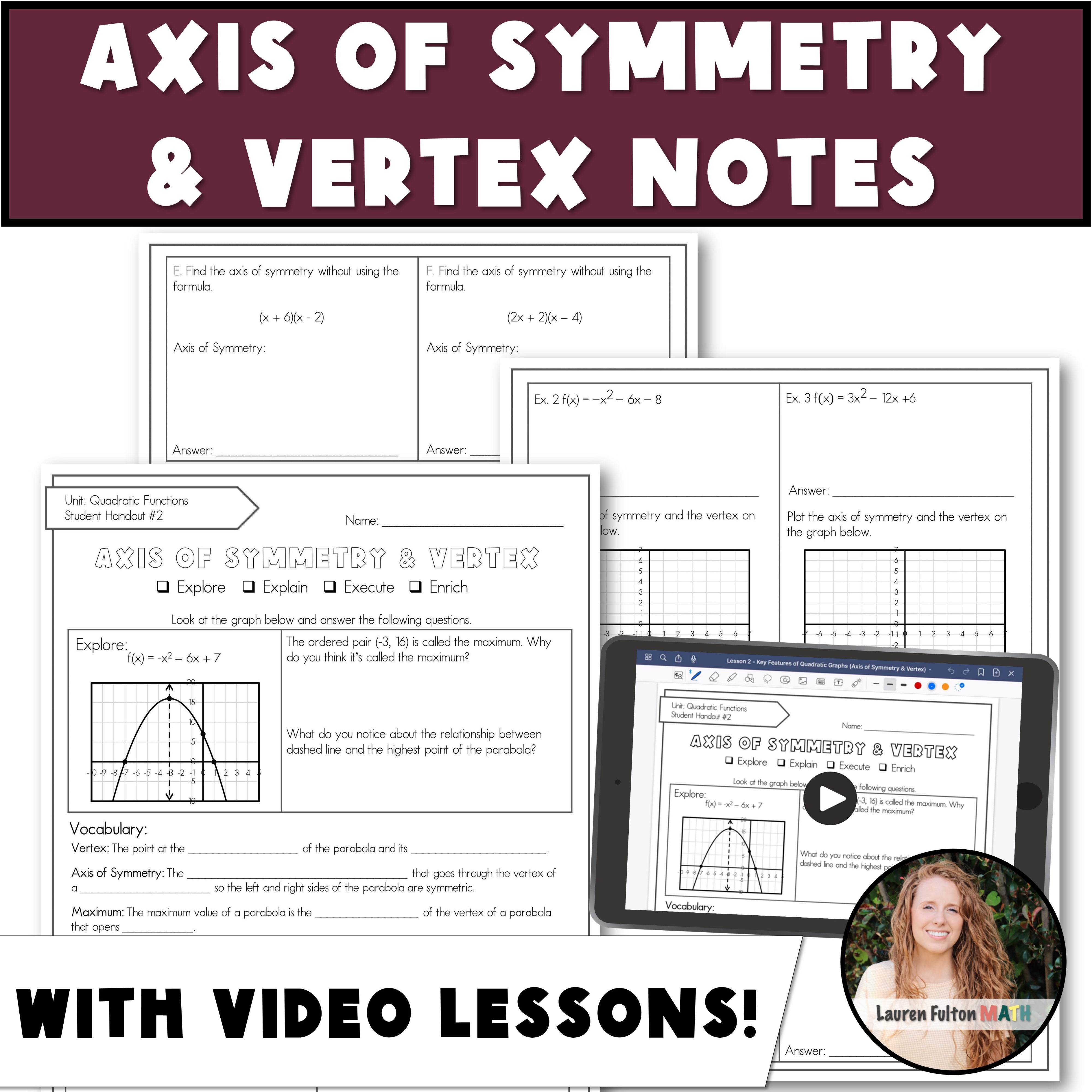 Finding Axis Of Symmetry And Vertex Notes Introduction To Quadratic