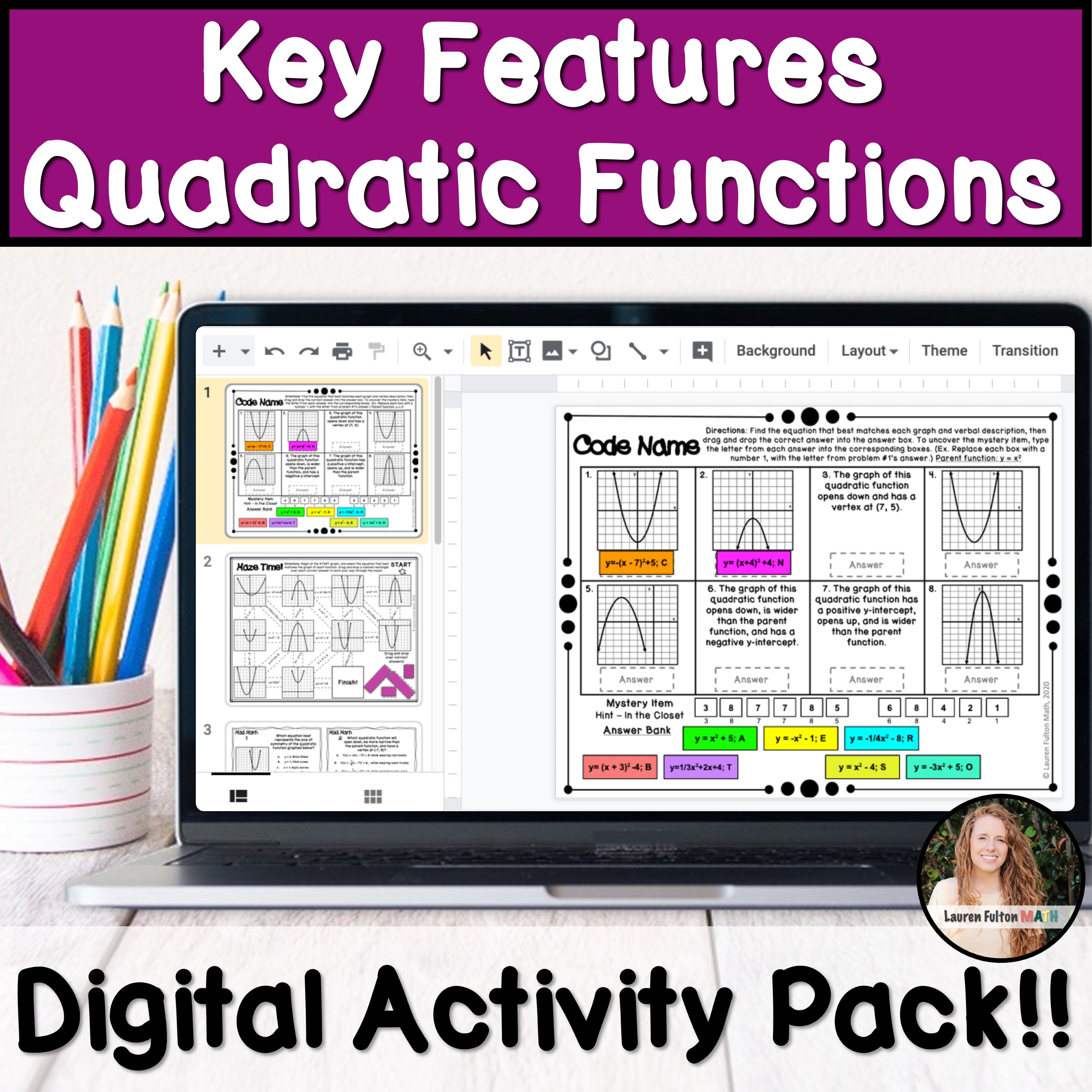 Quadratic Graphs And Functions Digital Activity Key Features Algebra