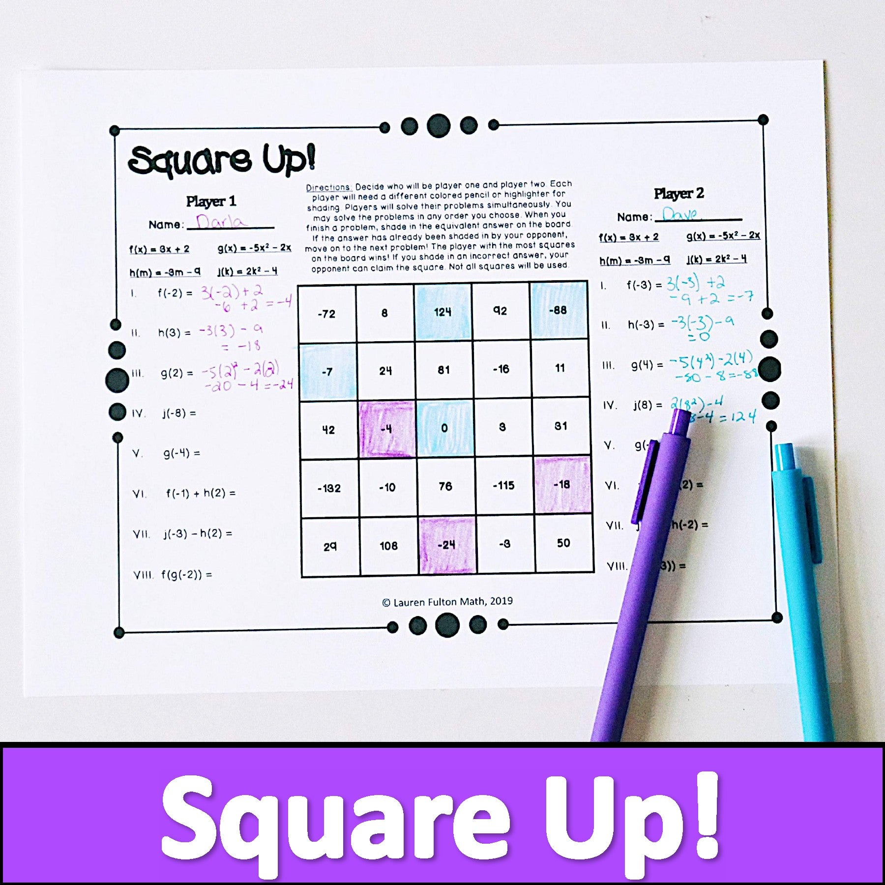 Function Notation Activity Partner Activities Lauren Fulton Math