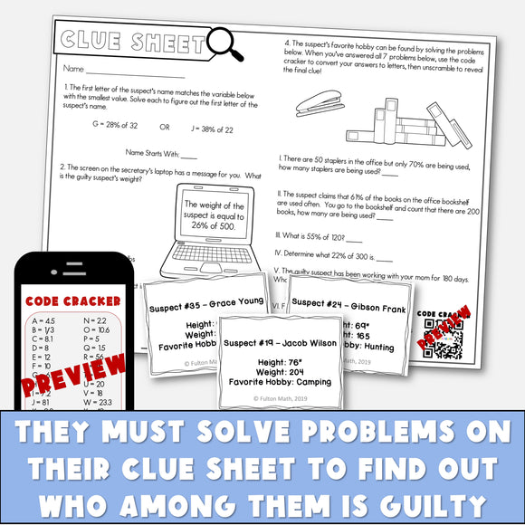Finding Percent of a Number Mini Mystery 6th 7th Grade Activity ...